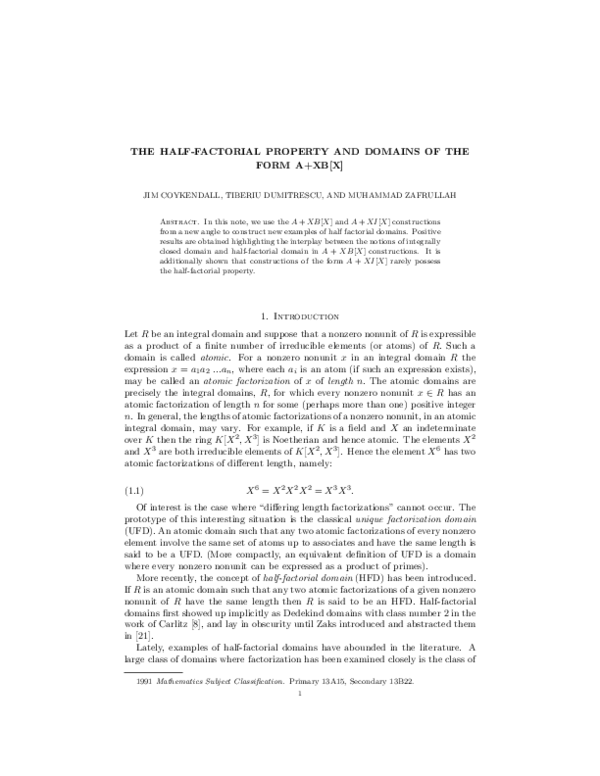 (PDF) The Half-Factorial Property and Domains of the Form A+XB(X)