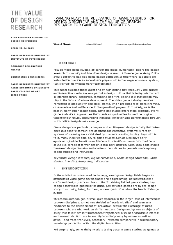(PDF) Framing Play: the Relevance of Game Studies for Design Discipline ...