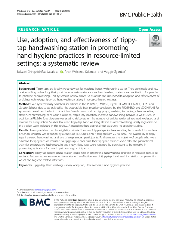 (PDF) Use, adoption, and effectiveness of tippy-tap handwashing station in promoting hand ...
