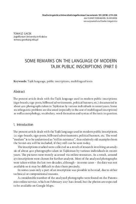 (PDF) Some Remarks on the Language of Modern Tajik Public Inscriptions ...