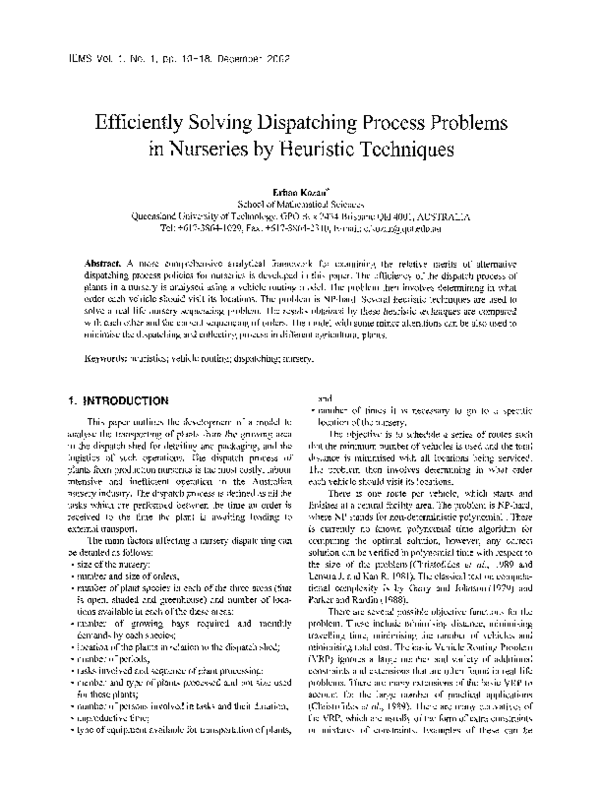 (PDF) Efficiently Solving Dispatching Process Problems in Nurseries by Heuristic Techniques ...