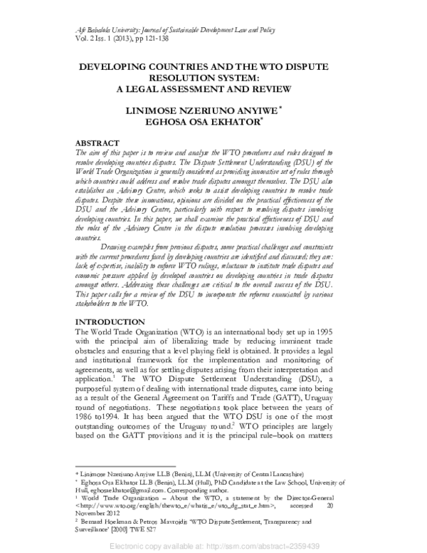 (PDF) Developing Countries and the WTO Dispute Resolution System: A ...