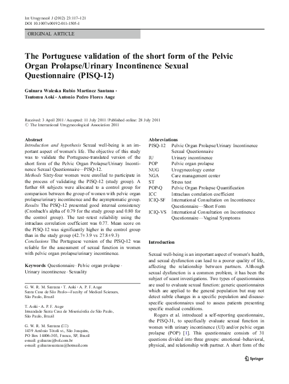 (PDF) The Portuguese validation of the short form of the Pelvic Organ ...