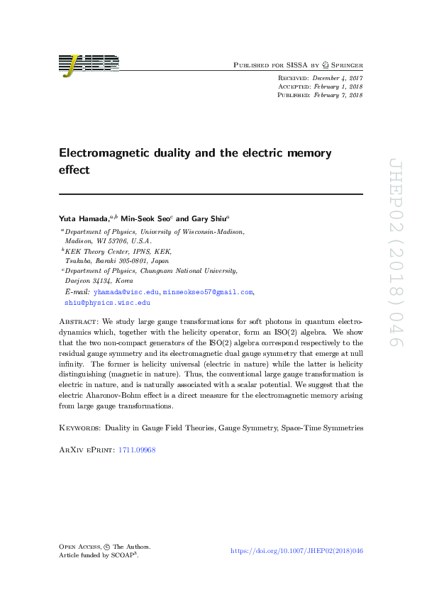 (PDF) Electromagnetic duality and the electric memory effect
