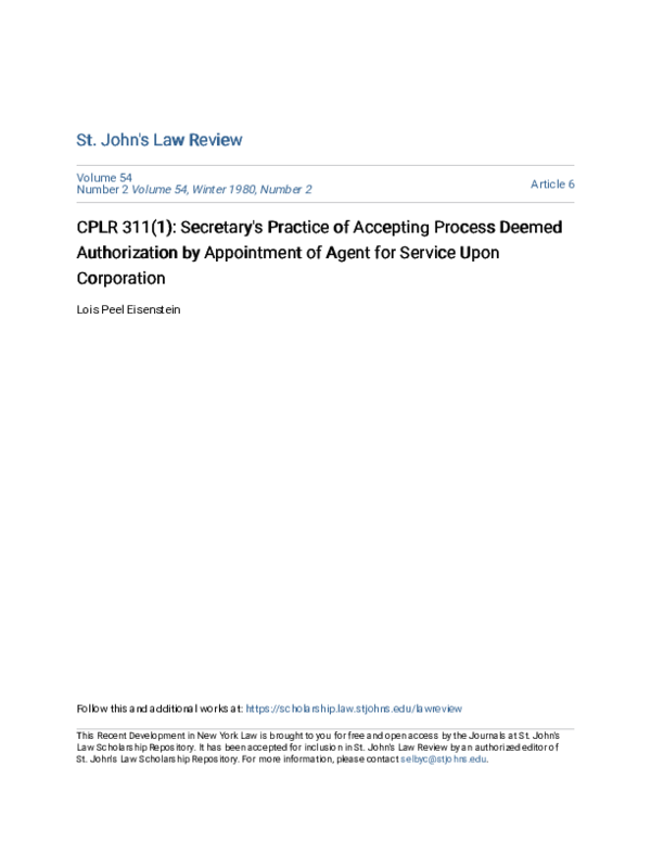 (PDF) CPLR 311(1): Secretary's Practice of Accepting Process Deemed ...