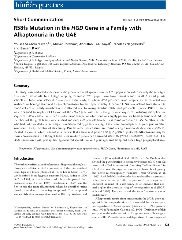 (PDF) R58fs Mutation in the HGD Gene in a Family with Alkaptonuria in ...