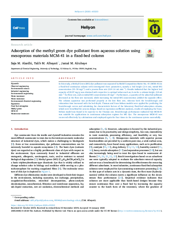 (PDF) Adsorption of the methyl green dye pollutant from aqueous ...
