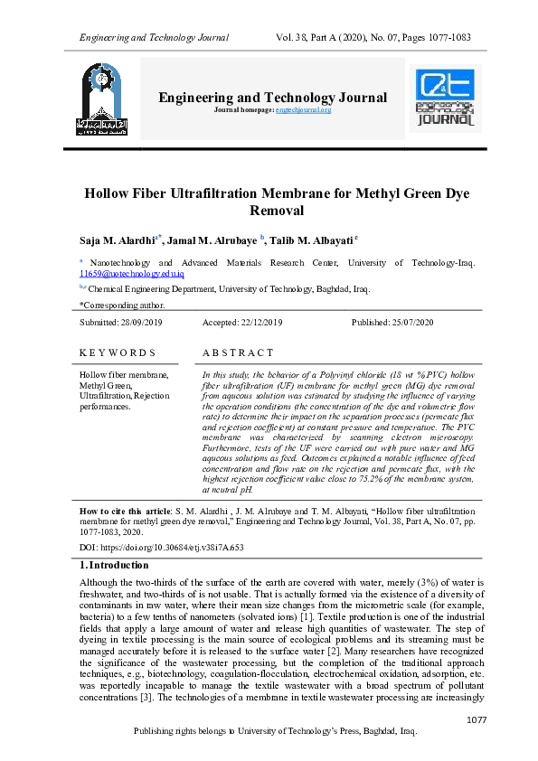 (PDF) Hollow Fiber Ultrafiltration Membrane for Methyl Green Dye Removal