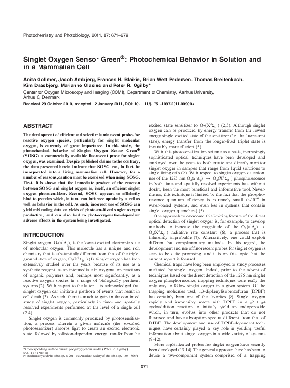 (PDF) Singlet Oxygen Sensor Green®: Photochemical Behavior in Solution ...