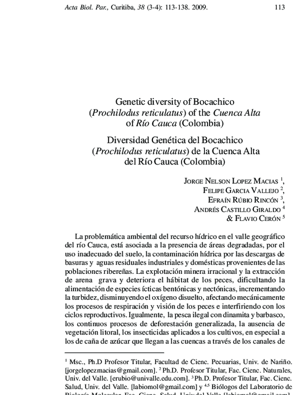 (PDF) Diversidad Genética del Bocachico ( Prochilodus reticulatus ) de ...