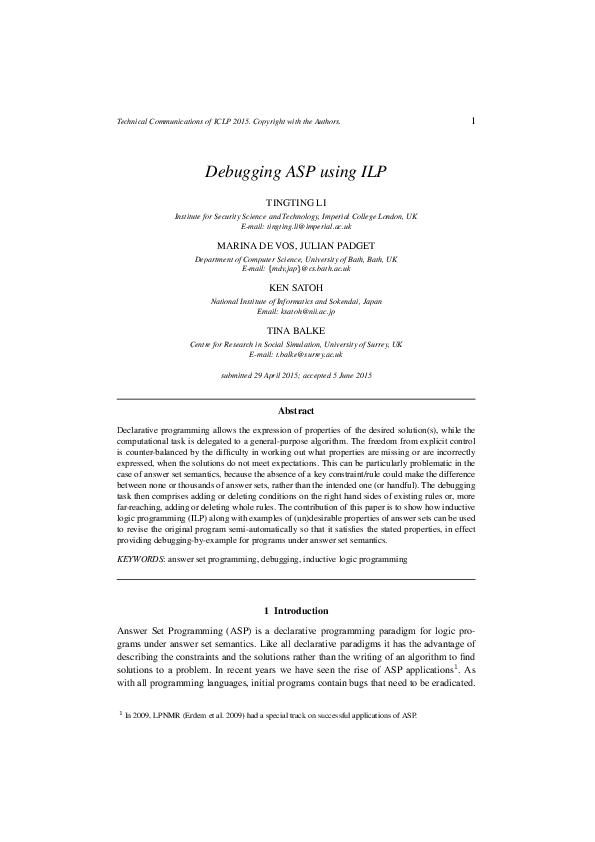 (PDF) Debugging ASP using ILP
