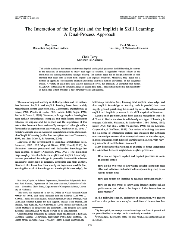 (PDF) The Interaction of the Explicit and the Implicit in Skill Learning: A Dual-Process Approach