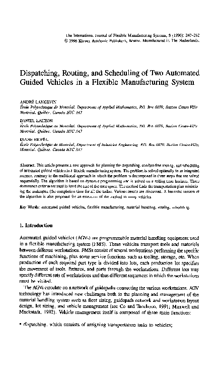 Pdf Dispatching Routing And Scheduling Of Two Automated Guided Vehicles In A Flexible