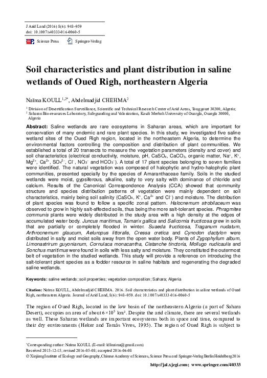 (PDF) Soil characteristics and plant distribution in saline wetlands of ...