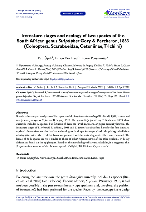 (PDF) Immature stages and ecology of two species of the South African genus Stripsipher Gory ...