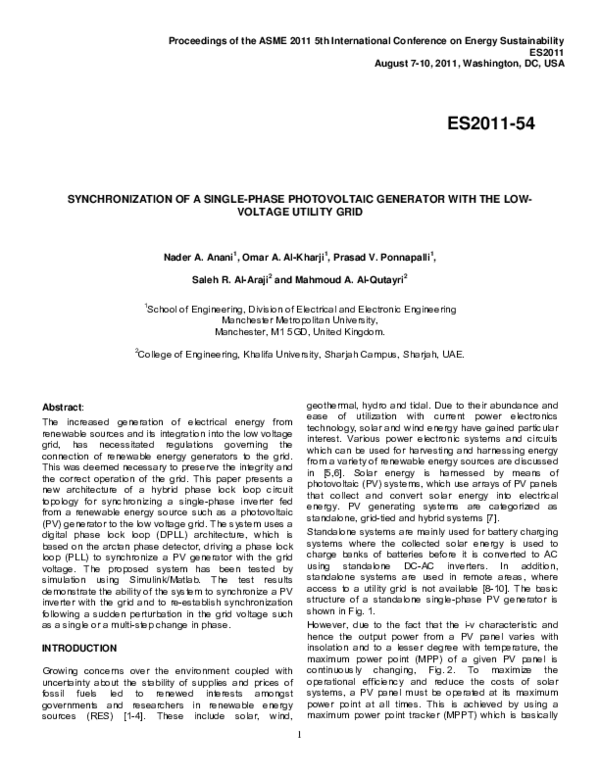 Pdf Synchronization Of A Single Phase Photovoltaic Generator With The Grid
