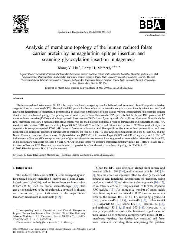 (PDF) Analysis of membrane topology of the human reduced folate carrier ...