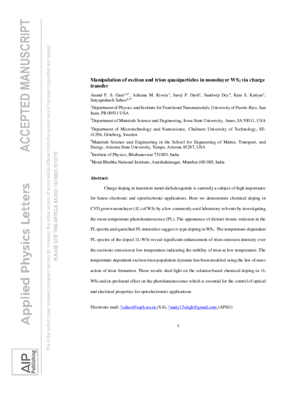 (PDF) Manipulation of exciton and trion quasiparticles in monolayer WS2 ...