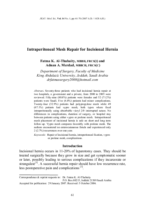 (PDF) Intraperitoneal Mesh Repair for Incisional Hernia