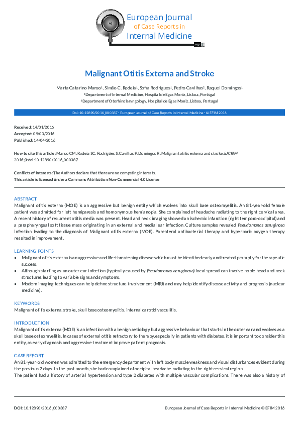 (PDF) Malignant Otitis Externa and Stroke