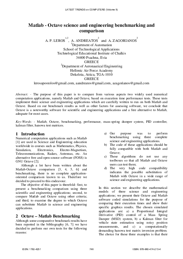 (PDF) Matlab-Octave science and engineering benchmarking and comparison