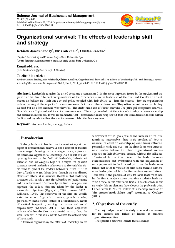 (PDF) Organizational Survival: The Effects of Leadership Skill and Strategy