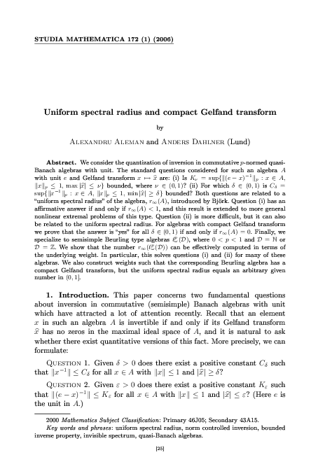 (PDF) Uniform spectral radius and compact Gelfand transform