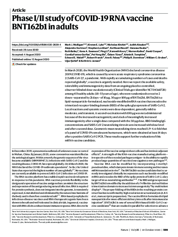 (PDF) Phase I/II study of COVID-19 RNA vaccine BNT162b1 in adults