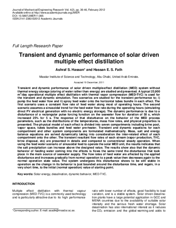 Pdf Transient And Dynamic Performance Of Solar Driven Multiple Effect Distillation
