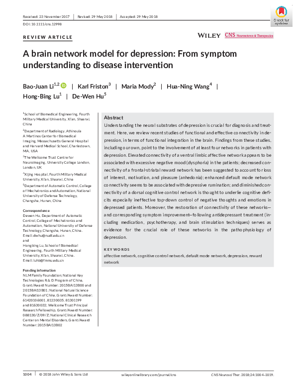 (PDF) A brain network model for depression: From symptom understanding ...