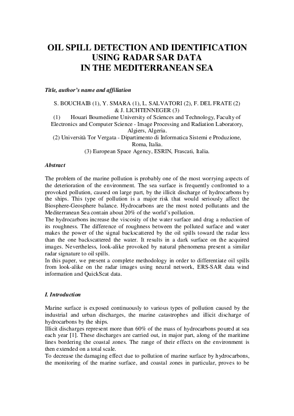 (PDF) Oil spill detection and identification using radar sar data in ...