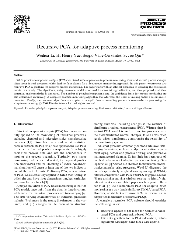 (PDF) Recursive PCA for adaptive process monitoring