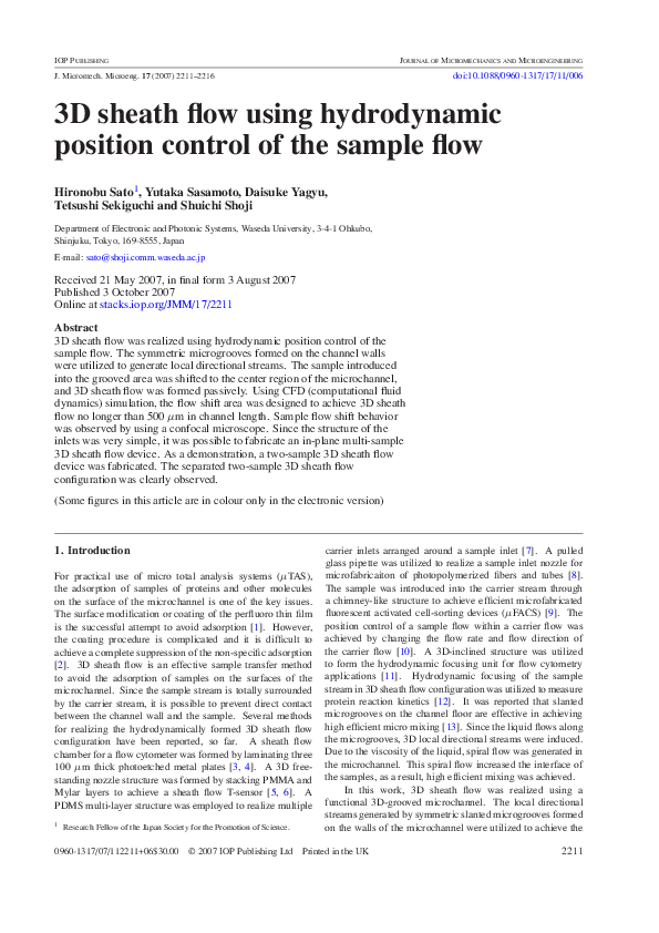 (PDF) 3D sheath flow using hydrodynamic position control of the sample flow