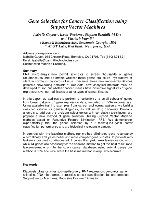 (PDF) Gene selection for cancer classification using support vector machines