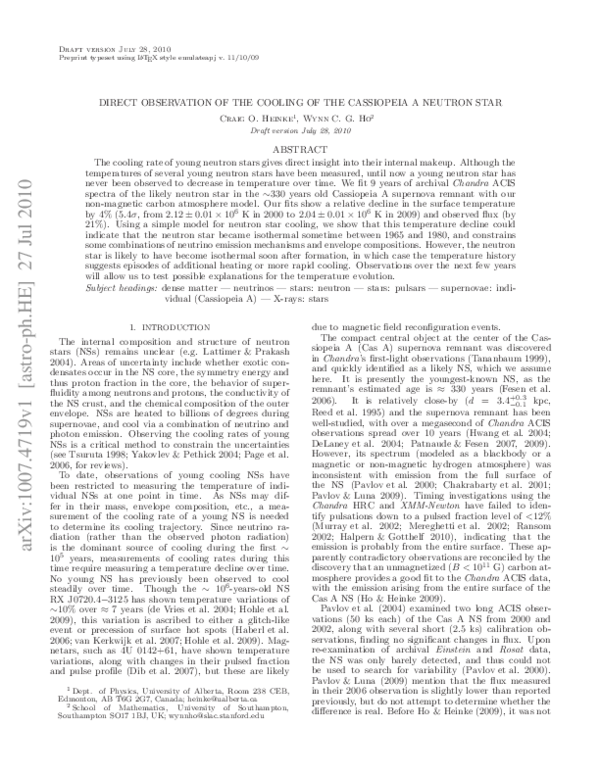 (PDF) Direct Observation of the Cooling of the Cassiopeia a Neutron ...