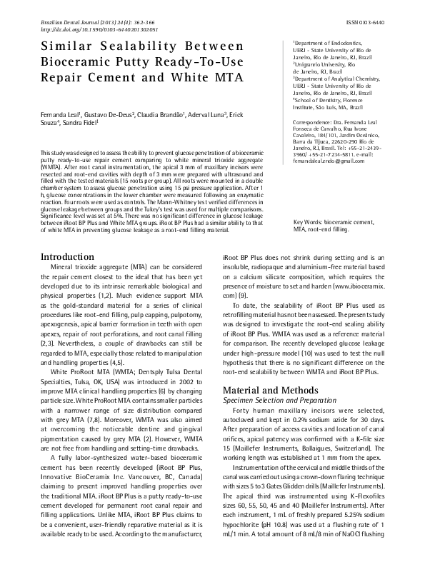 Similar Sealability Between Bioceramic Putty Ready-To-Use Repair Cement ...