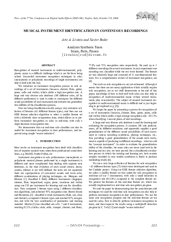 (PDF) Musical instrument identification in continuous recordings