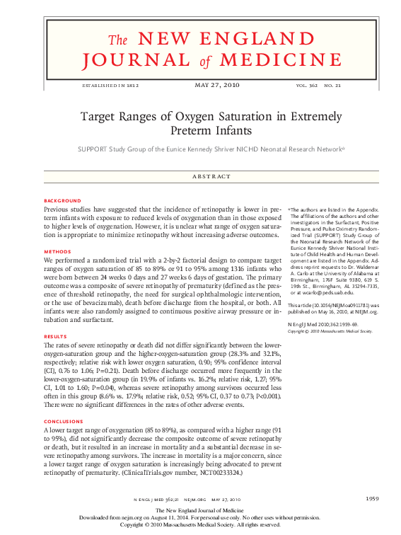 (PDF) Target Ranges of Oxygen Saturation in Extremely Preterm Infants ...