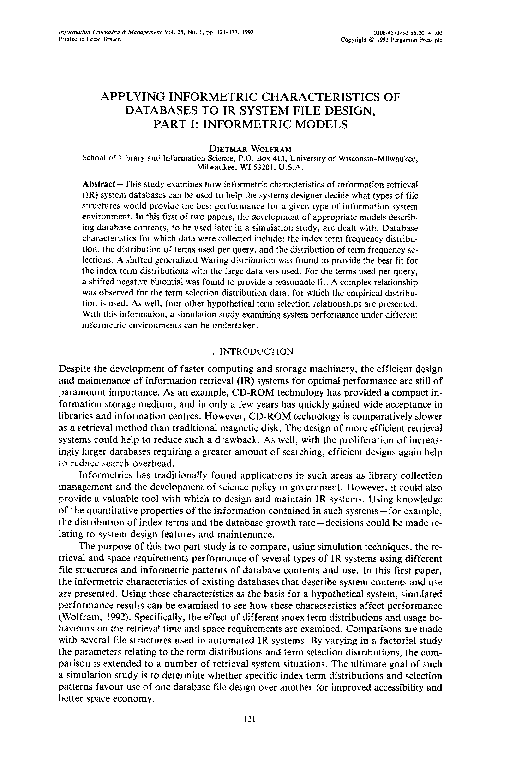 (PDF) Applying informetric characteristics of databases to ir system file design, part I ...