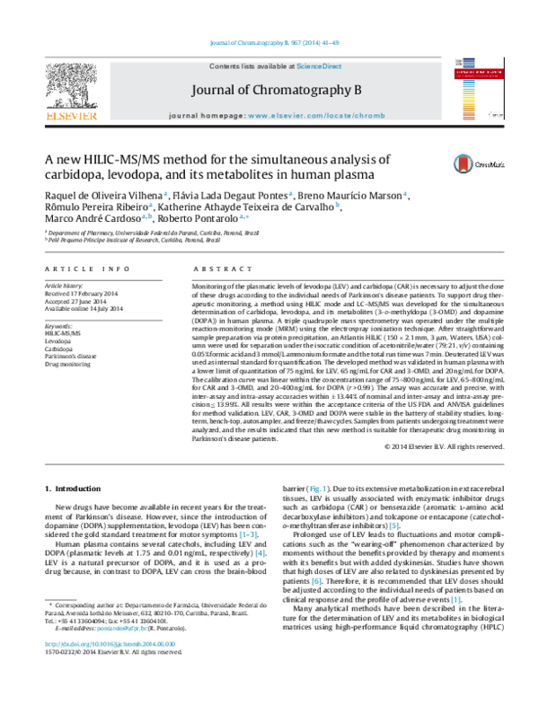 (PDF) A new HILIC-MS/MS method for the simultaneous analysis of carbidopa, levodopa, and its ...