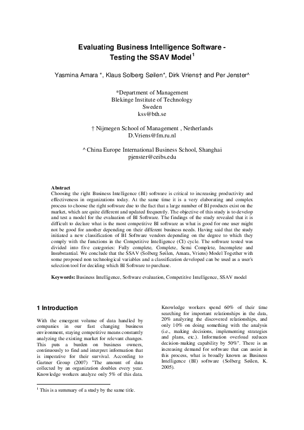 (PDF) Evaluating Business Intelligence Software-Testing the SSAV Model