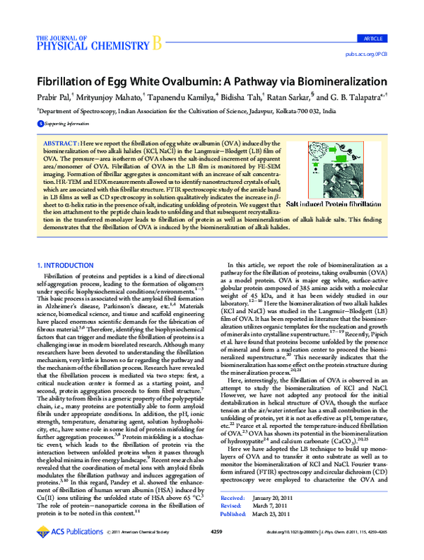 (PDF) Fibrillation of Egg White Ovalbumin: A Pathway via Biomineralization