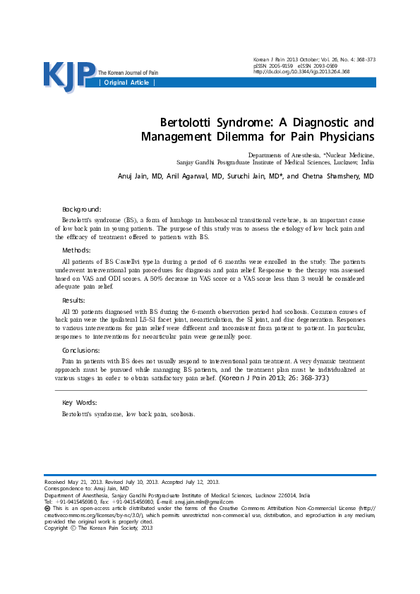 (PDF) Bertolotti Syndrome: A Diagnostic and Management Dilemma for Pain ...