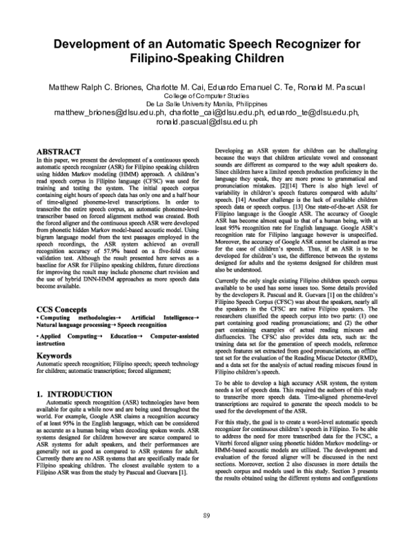 (PDF) Development of an Automatic Speech Recognizer for Filipino-Speaking Children
