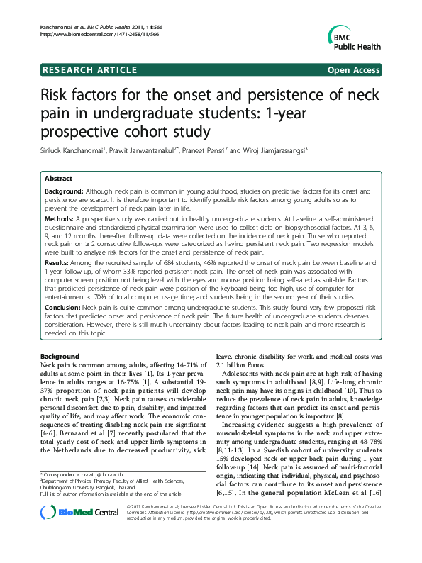 (PDF) Risk factors for the onset and persistence of neck pain in ...