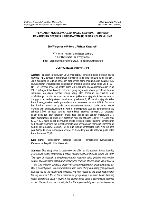 (PDF) Pengaruh Model Problem Based Learning Terhadap Kemampuan Berpikir Kritis Matematis Siswa ...