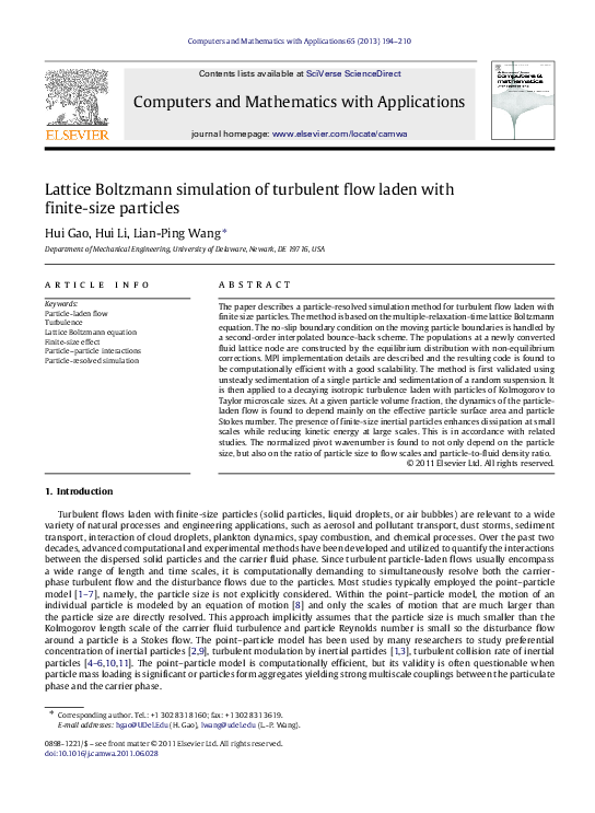 Pdf Lattice Boltzmann Simulation Of Turbulent Flow Laden With Finite Size Particles