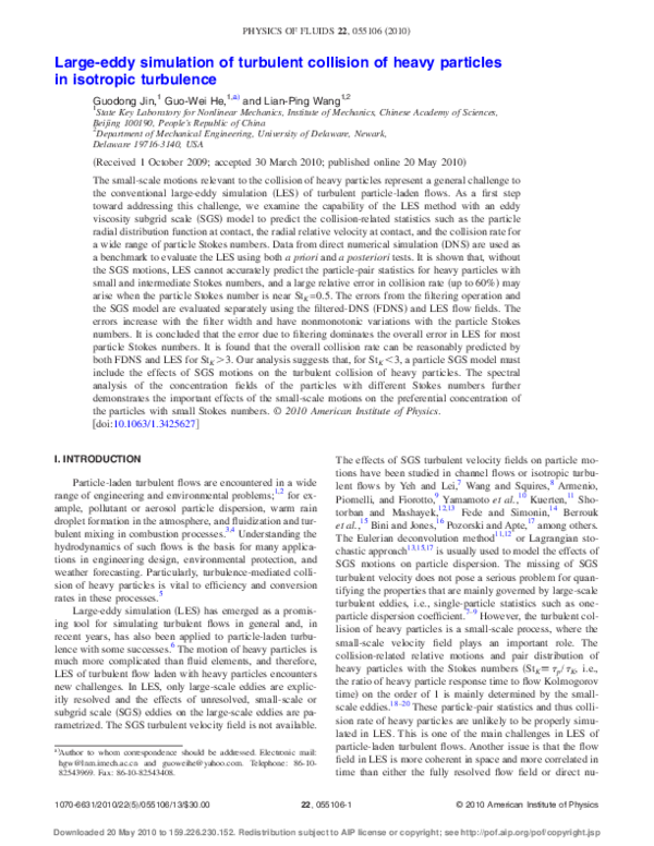 (PDF) Large-eddy simulation of turbulent collision of heavy particles in isotropic turbulence