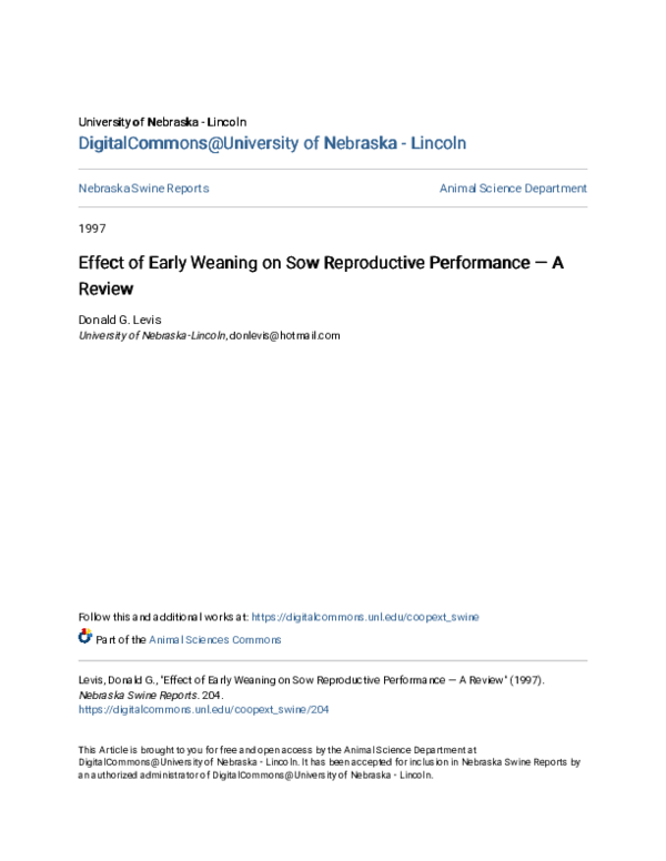 (PDF) Effect of Early Weaning on Sow Reproductive Performance — A Review
