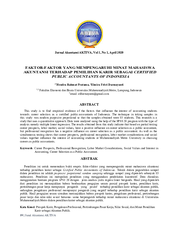 (PDF) Faktor-Faktor Yang Mempengaruhi Minat Mahasiswa Akuntansi Terhadap Pemilihan Karir Sebagai ...